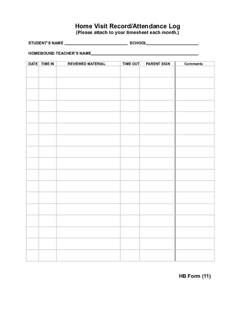 Fillable Online Home Visit Record Attendance Log Form 11 Fax Email ...