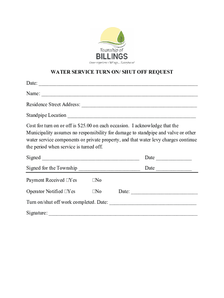 Fillable Online Water Service Turn On/Shut Off Request Form Fax Email ...