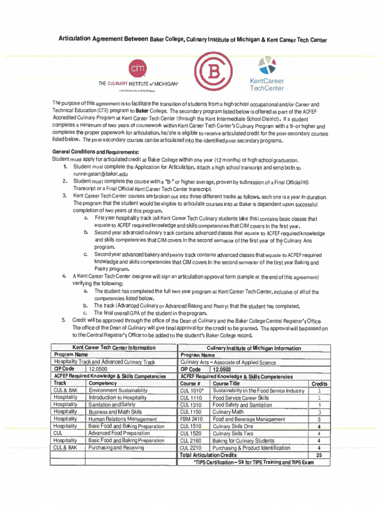 Fillable Online Articulation Agreement Between Baker College, Culinary ...