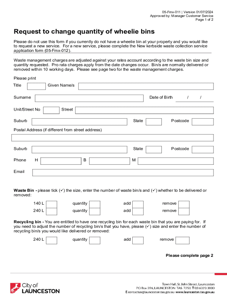 Fillable Online Request a wheelie bin, recycling container, sacks or ...