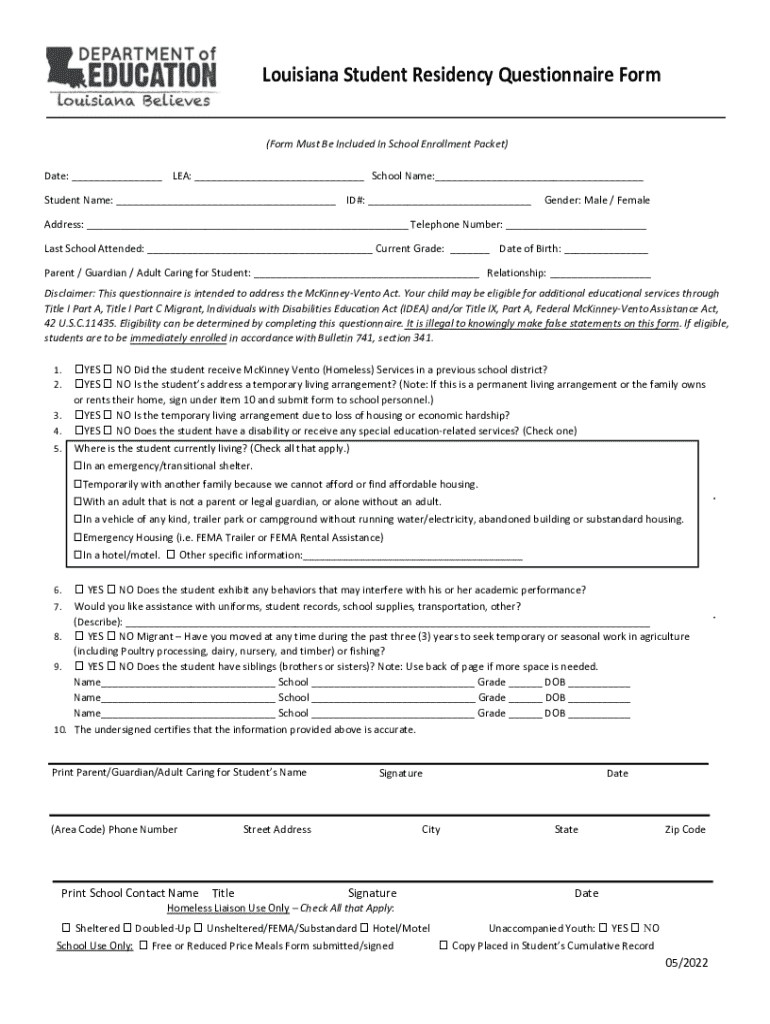 Fillable Online Louisiana Student Residency Questionnaire Fax Email ...