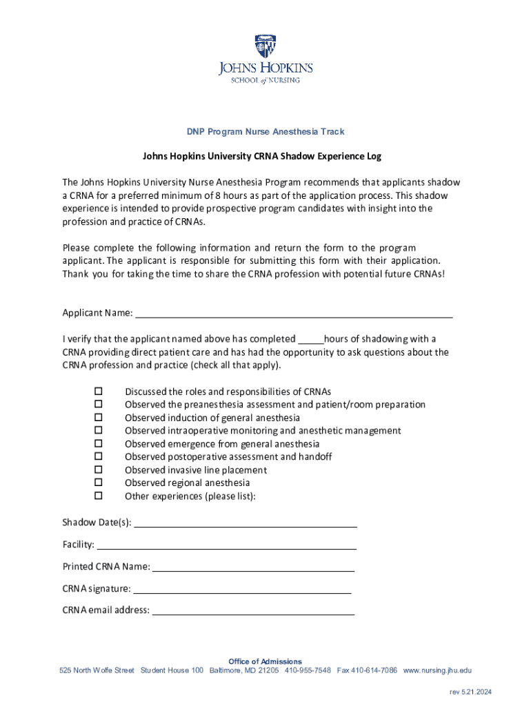 Fillable Online Johns Hopkins University Crna Shadow Experience Log Fax Email Print - pdfFiller