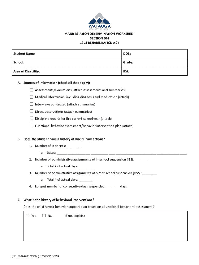 Fillable Online Manifestation Determination Worksheet Under Section 504 ...
