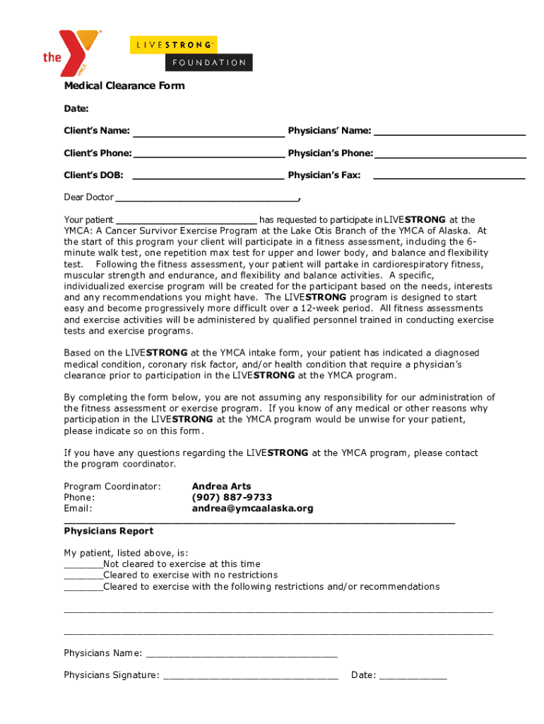 Fillable Online Medical Clearance for Livestrong at the Ymca Fax Email ...