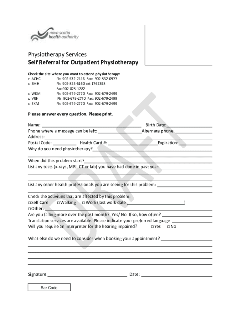 Fillable Online Self Referral for Outpatient Physiotherapy Fax Email Print - pdfFiller