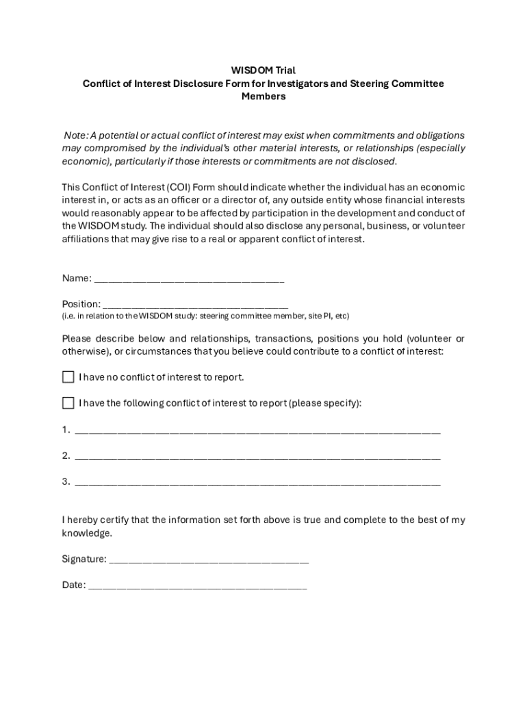 Fillable Online Conflict of Interest Disclosure Form for Investigators ...
