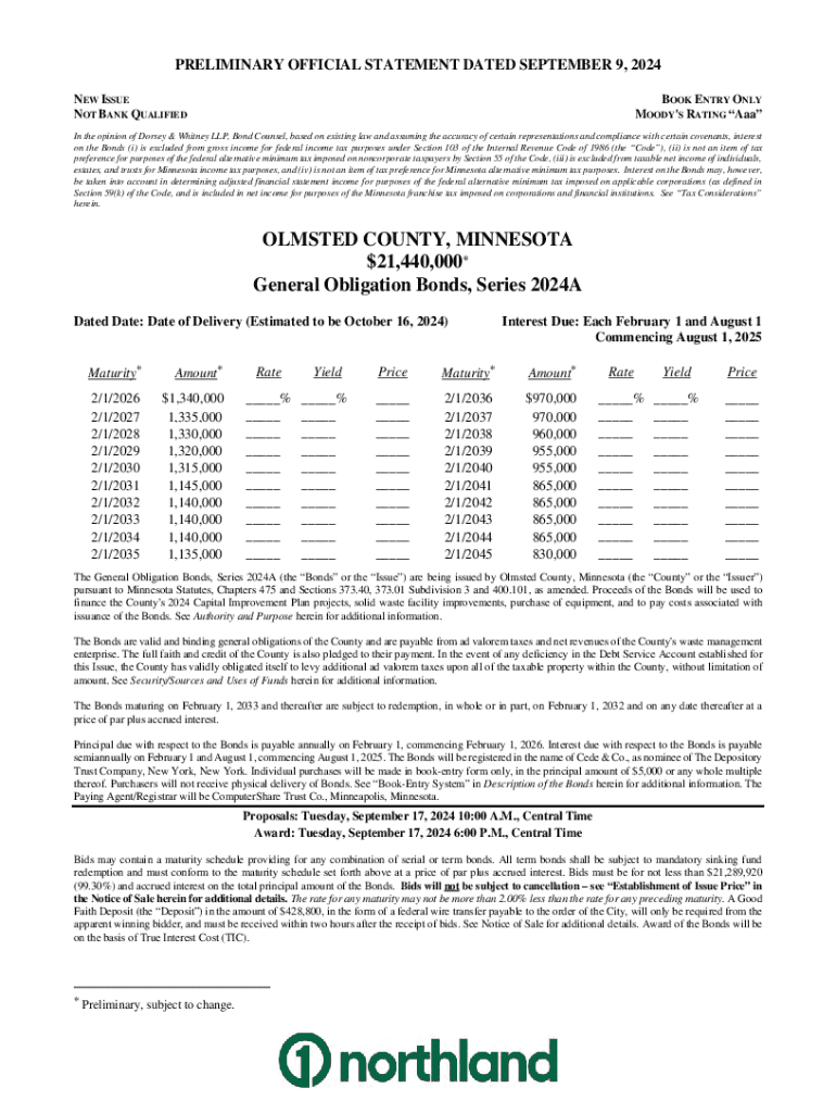 Fillable Online Olmsted County, Minnesota - Preliminary Official Statement Fax Email Print ...