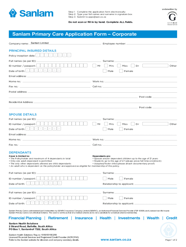 Fillable Online Sanlam Primary Care Application Form Corporate Fax ...