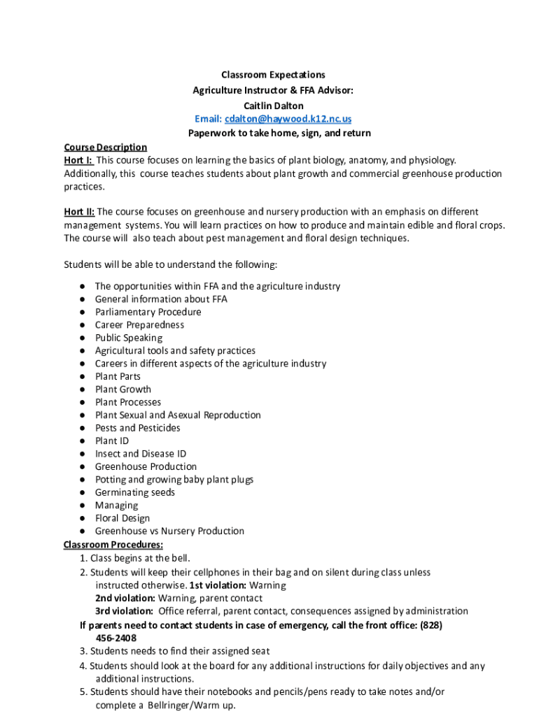 Fillable Online Classroom Expectations Agriculture Instructor & FFA ...