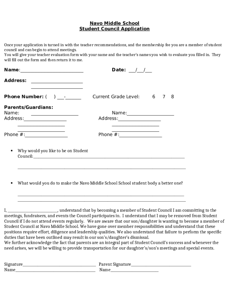 Navo Middle School Student Council Application Doc Template | pdfFiller