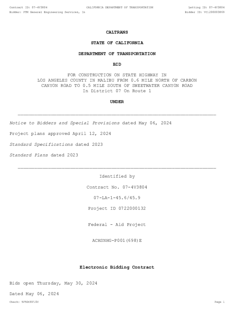 Fillable Online California Department of Transportation Bid Submission for Contract No. 07 ...