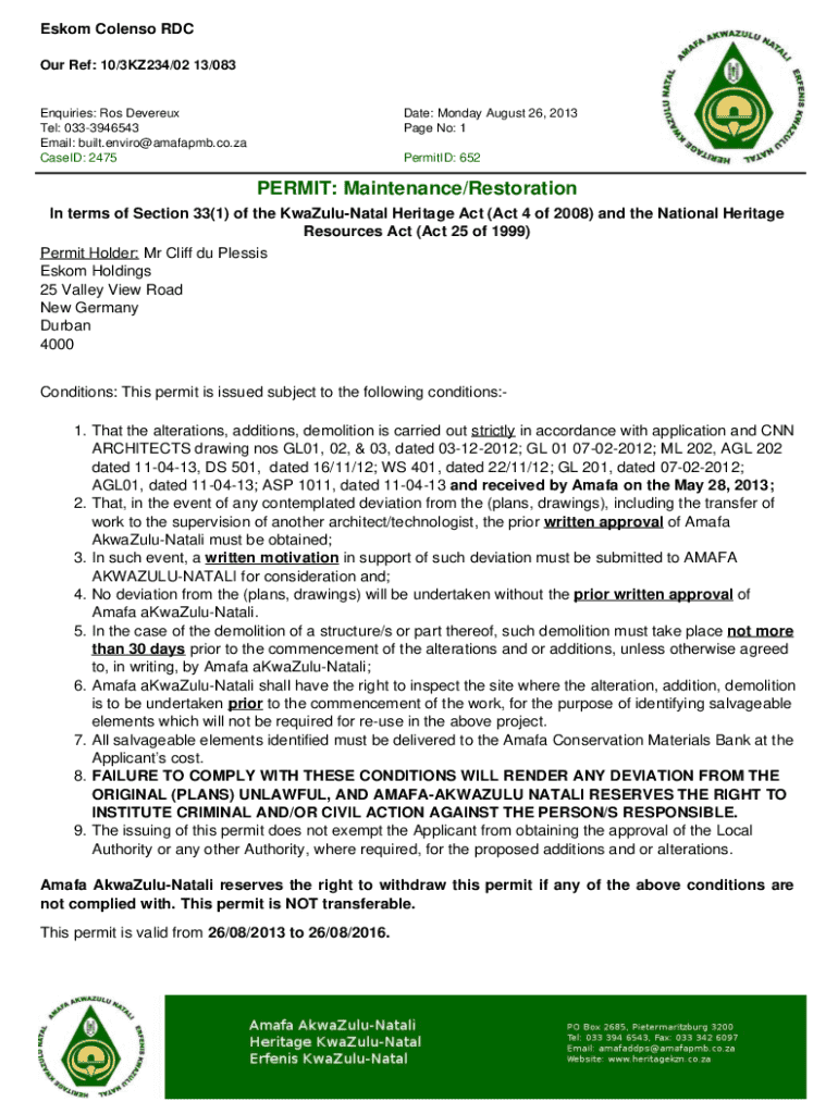 Fillable Online Permit for Maintenance/restoration Fax Email Print ...