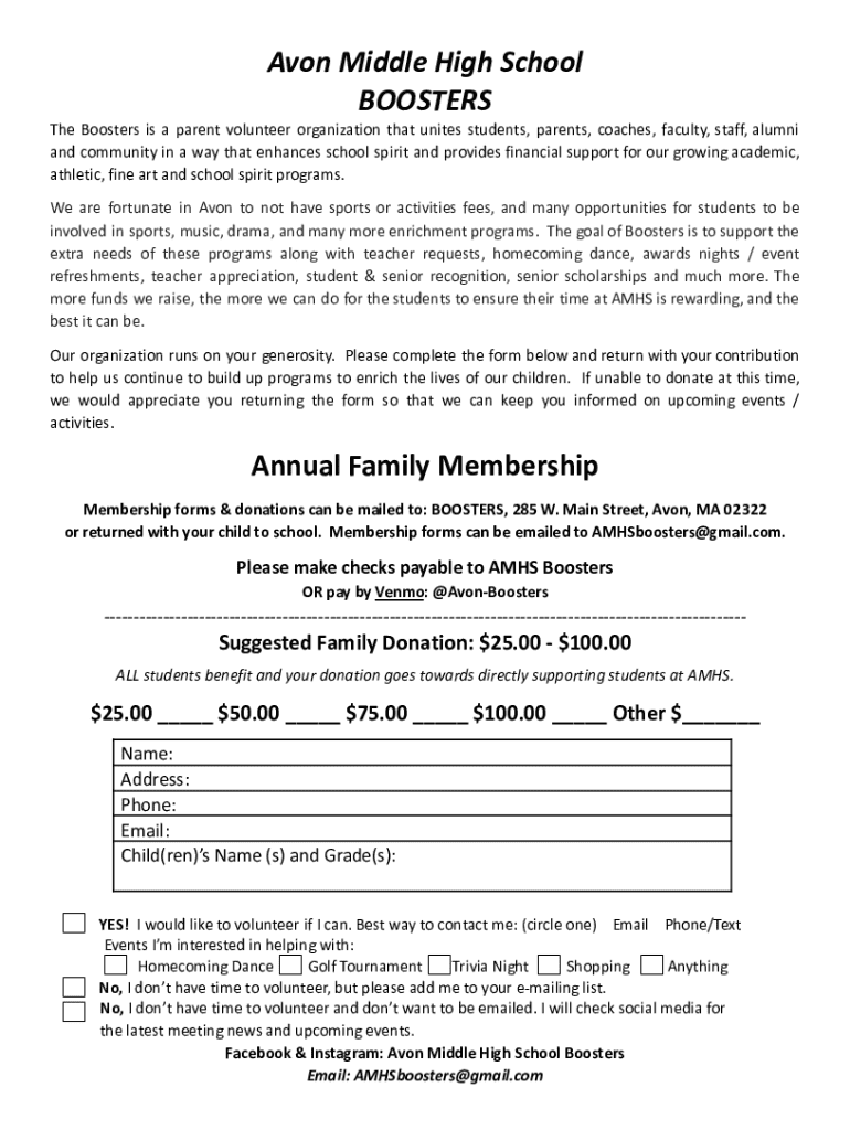 Fillable Online Avon Middle High School Boosters Membership Fax Email ...