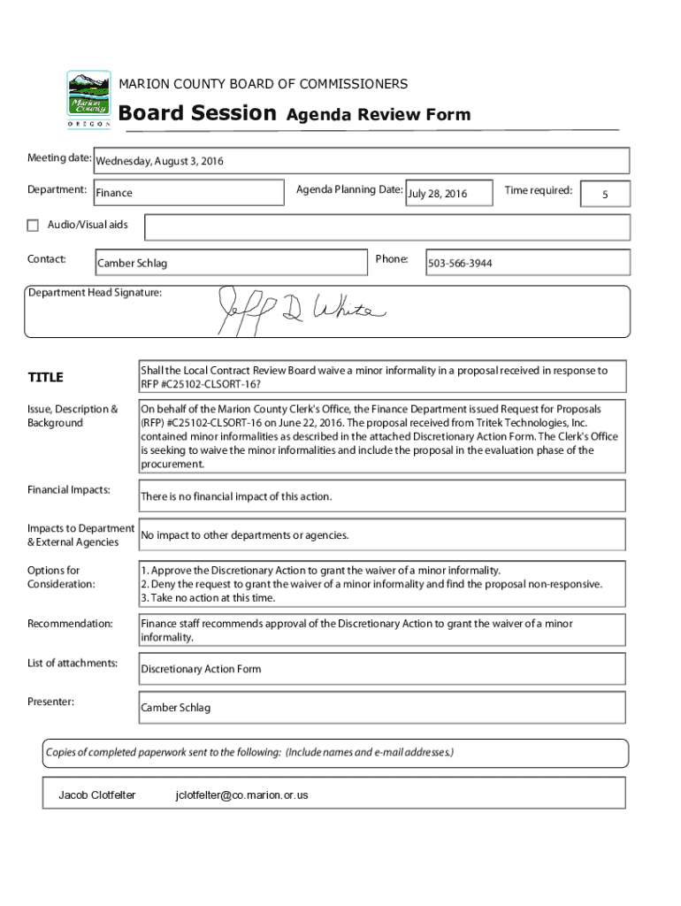 Fillable Online Marion County Board of Commissioners Agenda Review Fax Email Print - pdfFiller