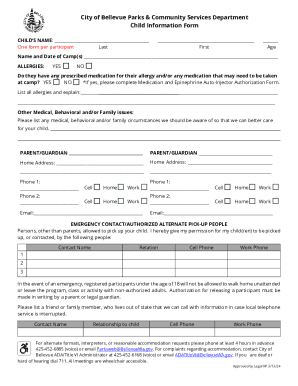 Fillable Online City of Bellevue Parks & Community Services Department - Child Information Form ...