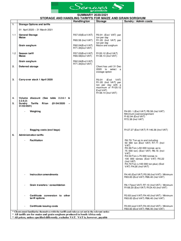 Fillable Online Storage and Handling Tariffs for Maize and Grain Sorghum Fax Email Print - pdfFiller