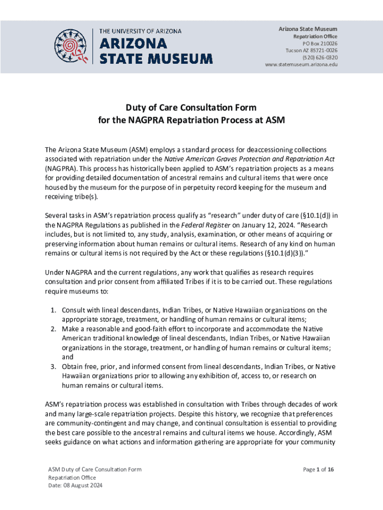Fillable Online Duty of Care Consultation for Nagpra Repatriation ...