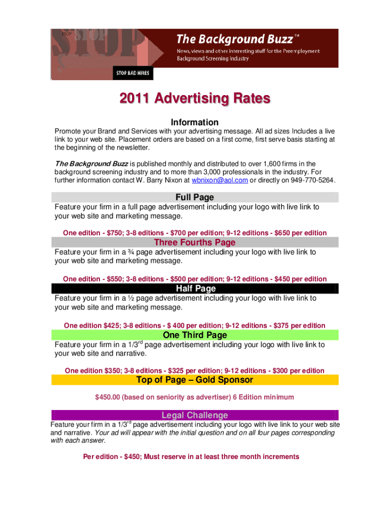Fillable Online Advertising Rate Card for the Background Buzz Fax Email ...