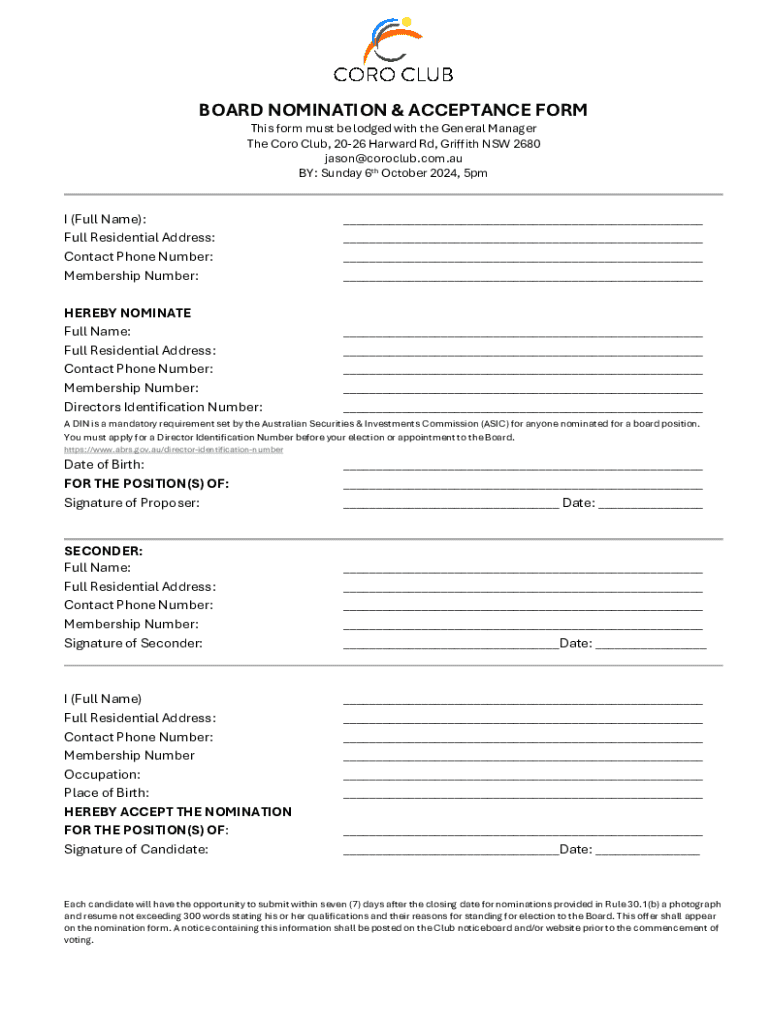 Fillable Online BOARD NOMINATION & ACCEPTANCE FORM Fax Email Print ...