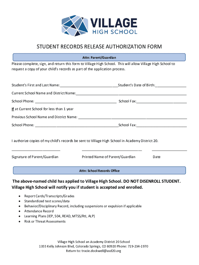 Fillable Online VHS Student Records Release Authorization Form Fax ...
