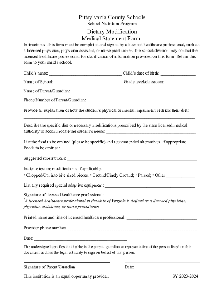 Fillable Online Dietary Modification Medical Statement Form. ... Fax ...