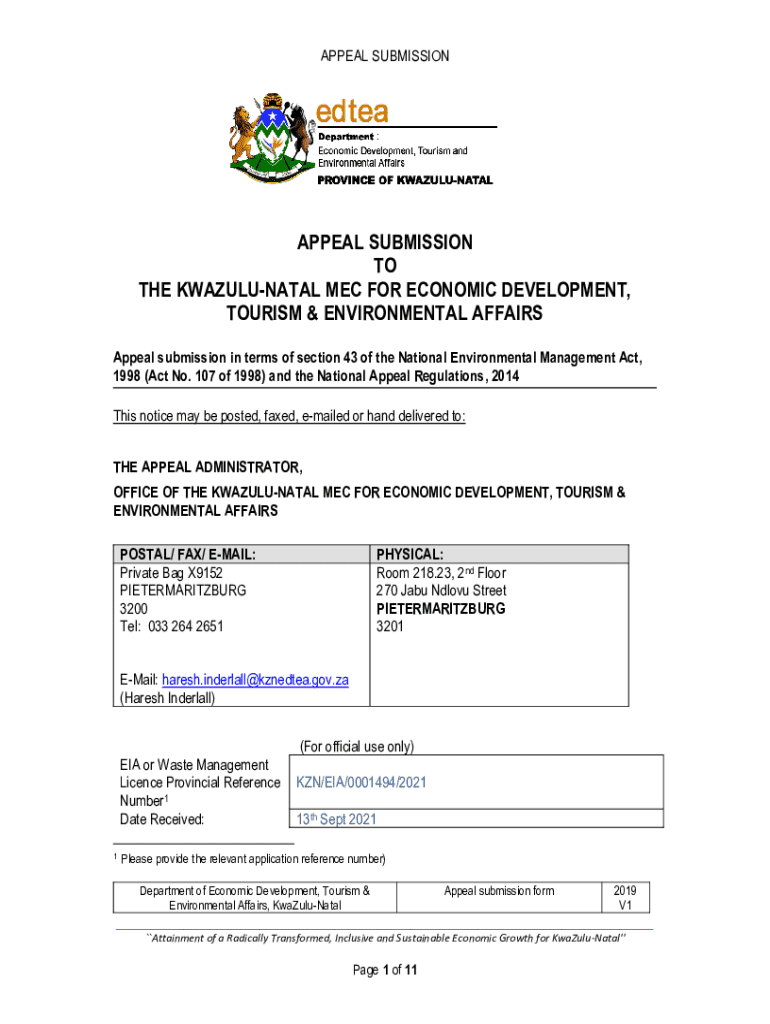 Fillable Online Appeal Submission to the Kwazulu-natal Mec for Economic Development, Tourism ...