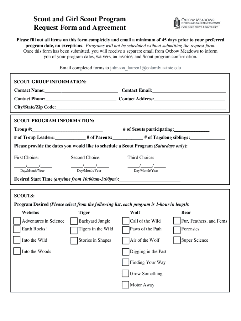 Fillable Online Scout and Girl Scout Program Request Form and Agreement ...