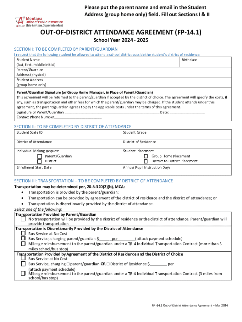 Fillable Online Out-of-district Attendance Agreement (fp-14.1) Fax ...