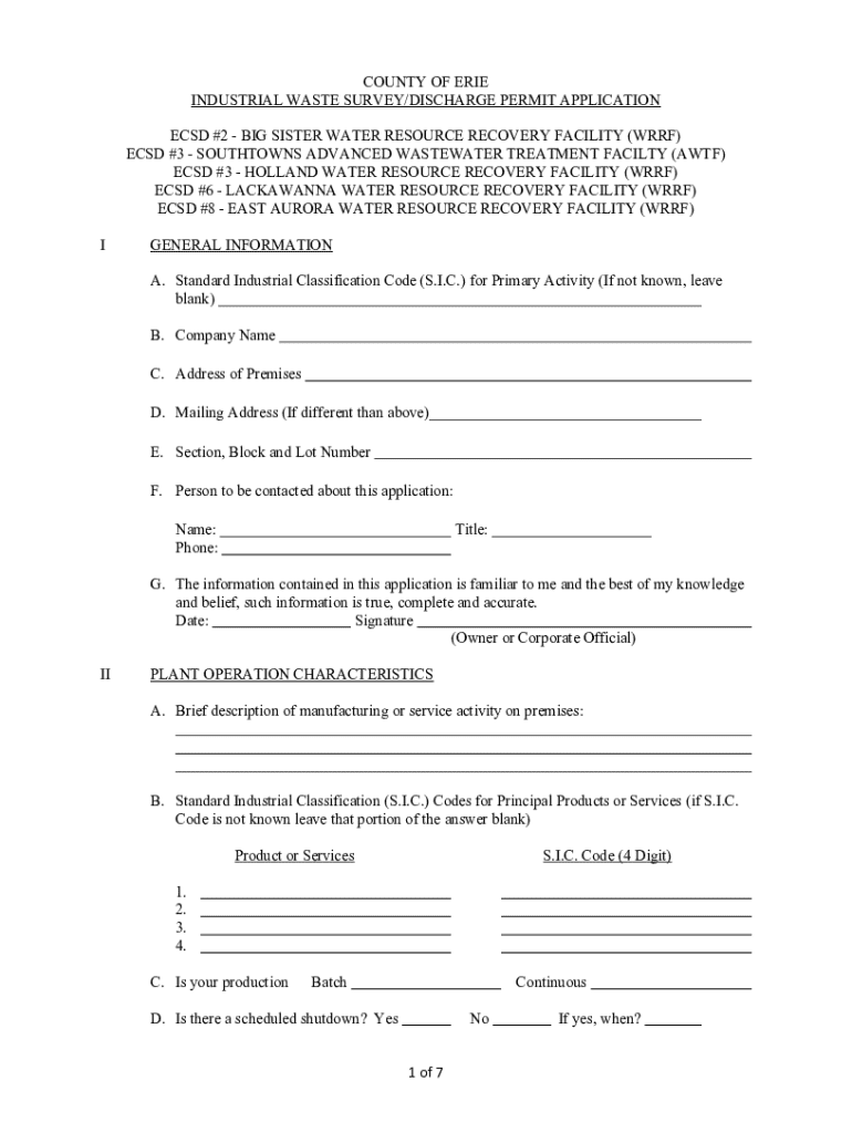 Fillable Online County of Erie - Industrial Waste Survey/discharge ...