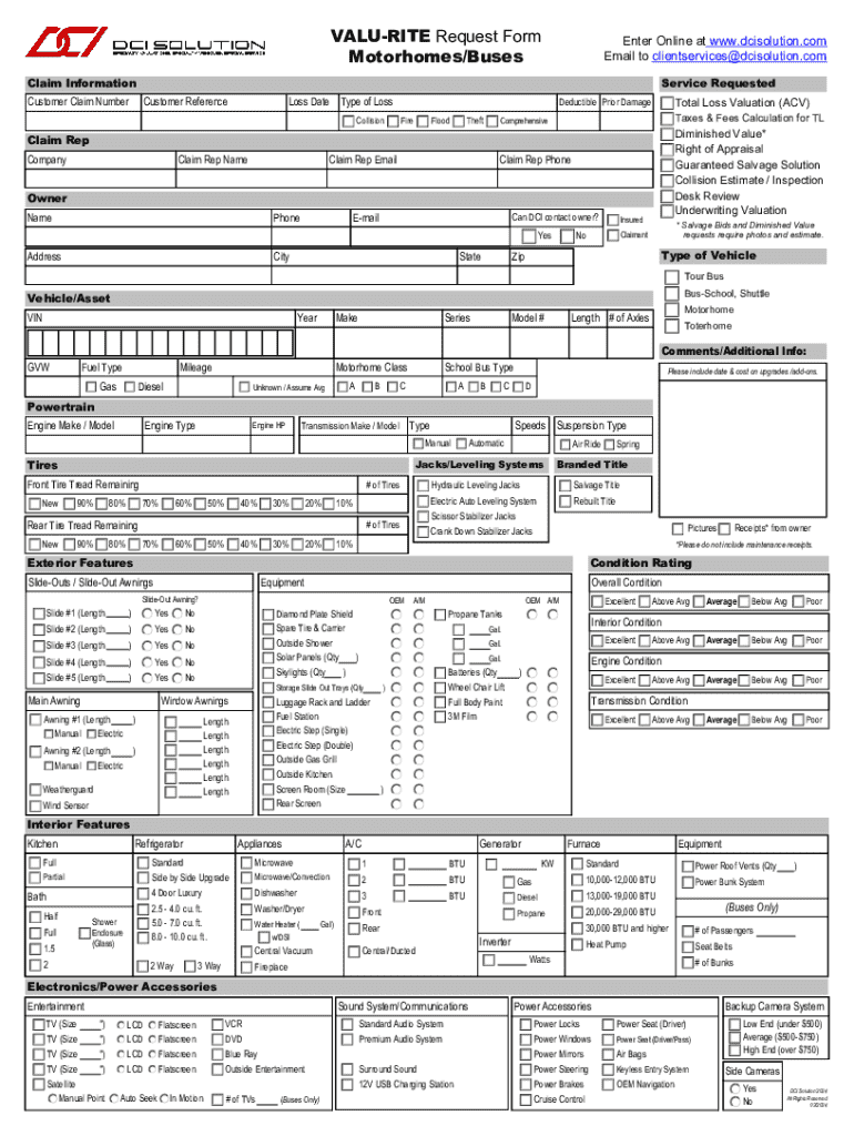 Fillable Online VALU-RITE Request Form Motorhomes/Buses Fax Email Print - pdfFiller