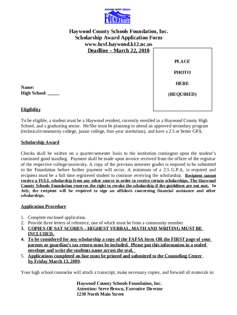 Scholarship Award Application - hes haywood k12 nc Doc Template | pdfFiller