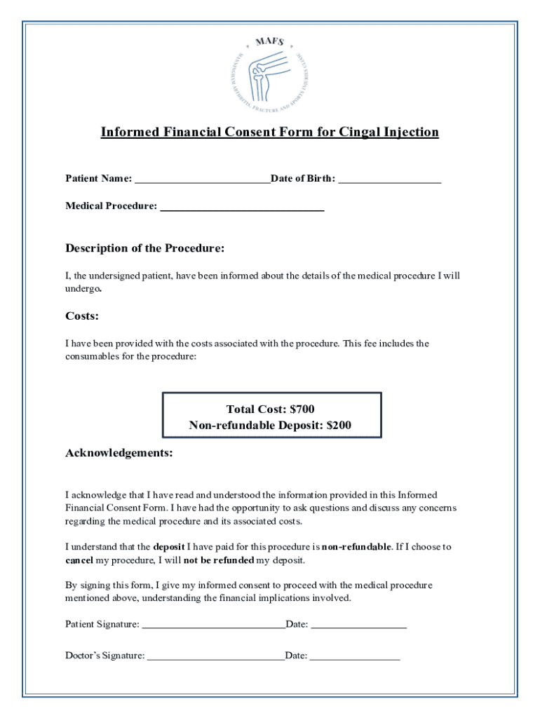 Fillable Online Informed Financial Consent Form for Cingal Injection ...