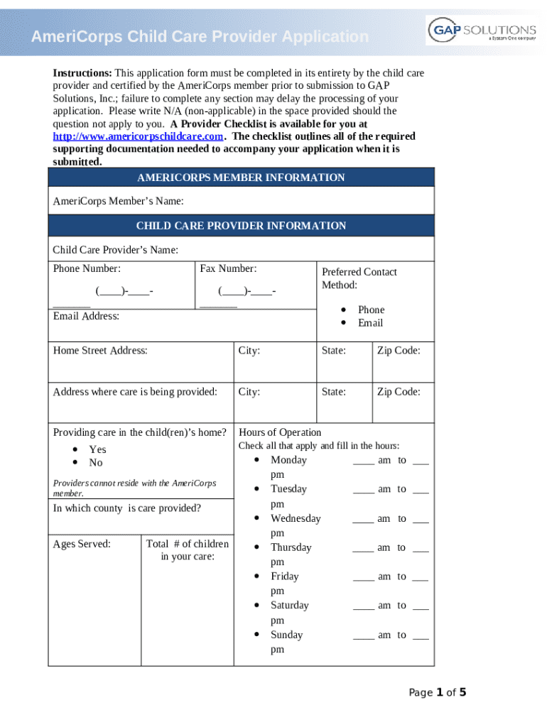 Americorps Child Care Provider Application Doc Template | pdfFiller