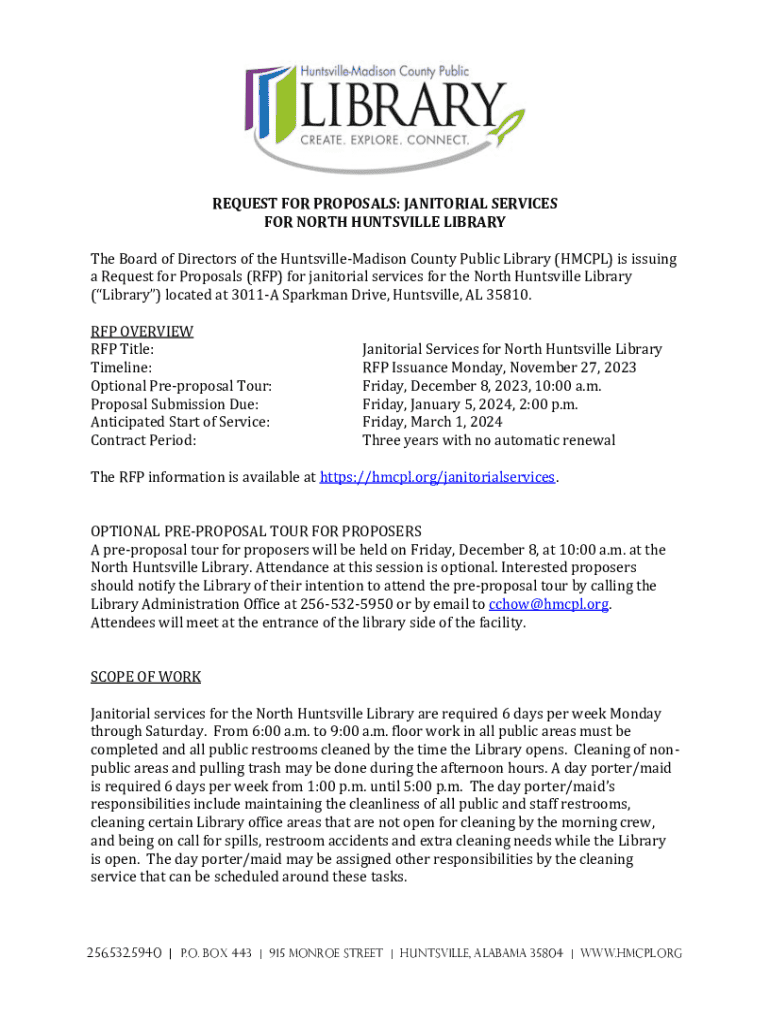 Fillable Online Janitorial Services for North Huntsville Library Fax ...