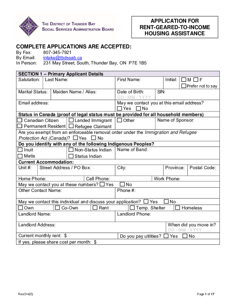 Fillable Online Rent-geared-to-income Housing Assistance Application ...