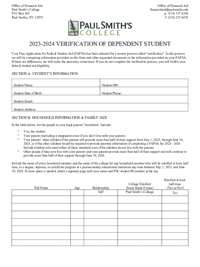 Fillable Online Verification of Dependent Student for Fafsa Fax Email Print - pdfFiller