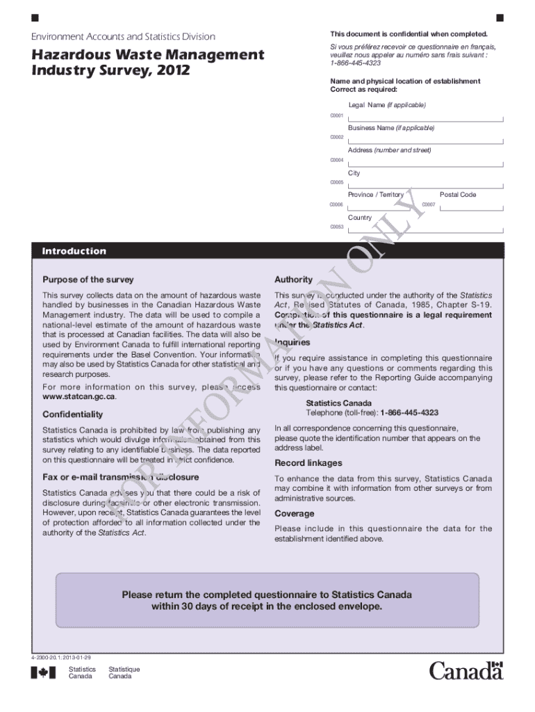 Fillable Online Hazardous Waste Management Industry Survey, 2012 Fax Email Print - pdfFiller