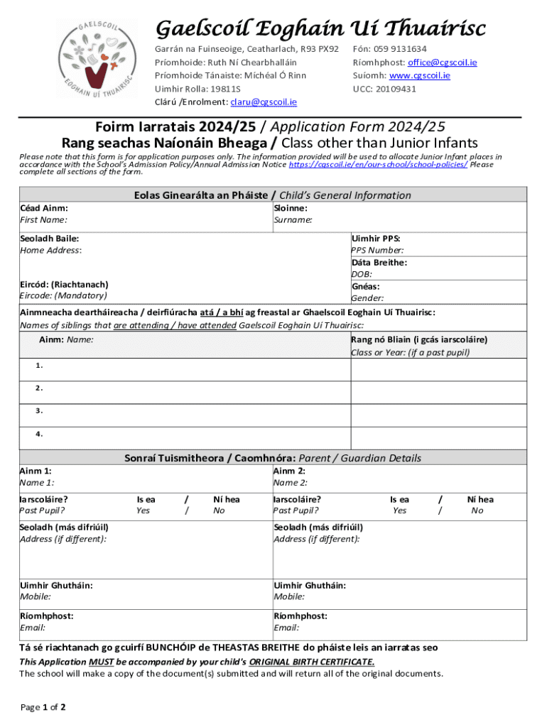 Fillable Online Foirm-Iarratas-Application-Form-for-Admission-to-Class- ... Fax Email Print ...
