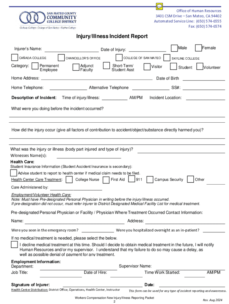 Fillable Online Workers Compensation New Injury/illness Reporting ...