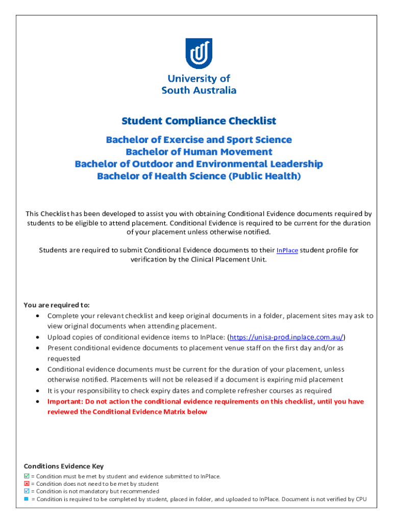 Fillable Online Student Compliance Checklist for Placement Requirements ...
