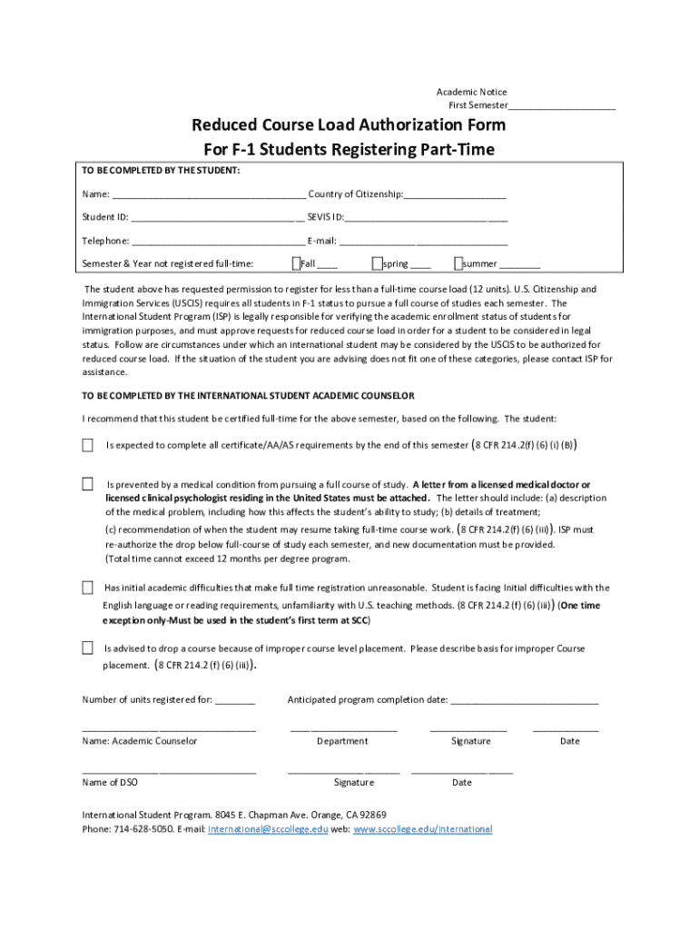 Fillable Online Reduced Course Load Authorization for F-1 Students Fax ...