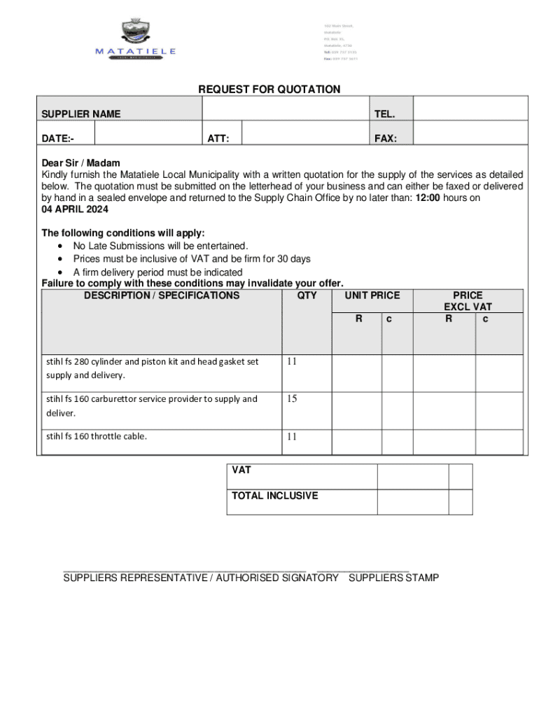 Fillable Online Request for Quotation for Services Fax Email Print ...