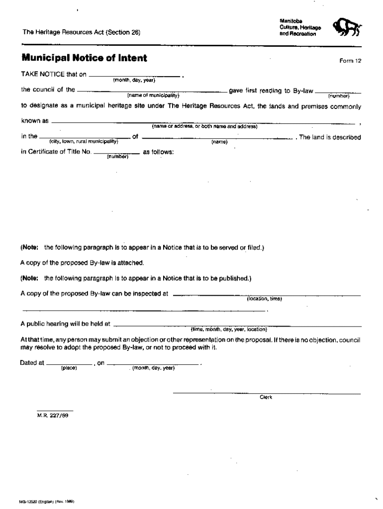 Fillable Online Municipal Notice of Intent. M.R. 99/86, Form 12 Fax ...