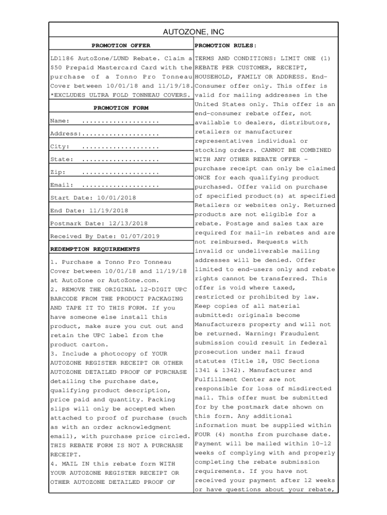Fillable Online Autozone/lund Rebate Promotion Fax Email Print - pdfFiller