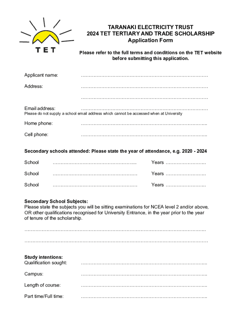 Fillable Online 2024-TET-Tertiary-Scholarship-application-form. ... Fax ...