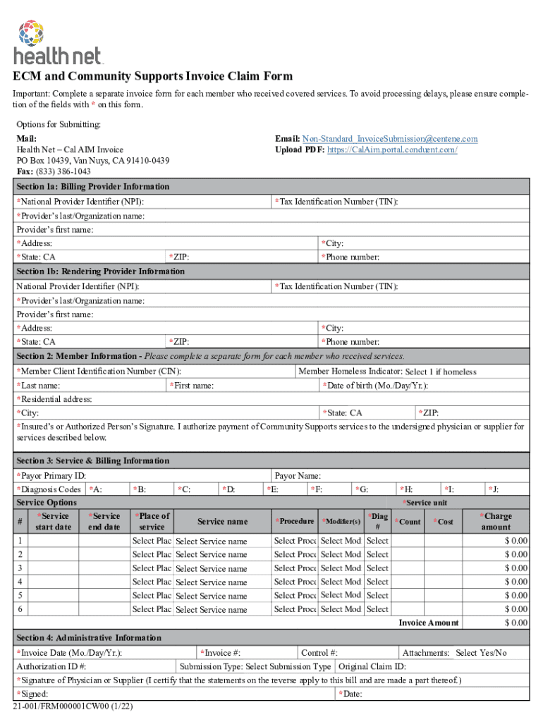 Fillable Online Ecm and Community Supports Invoice Claim Form Fax Email Print - pdfFiller