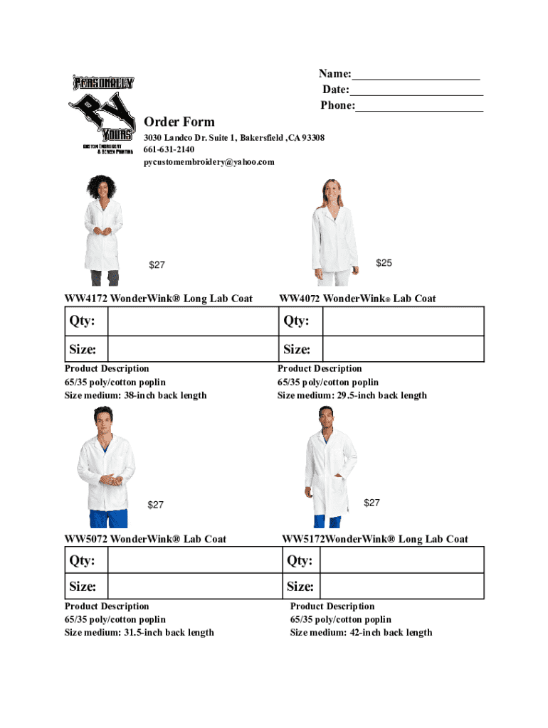 Fillable Online Lab Coat Order Form Fax Email Print - pdfFiller