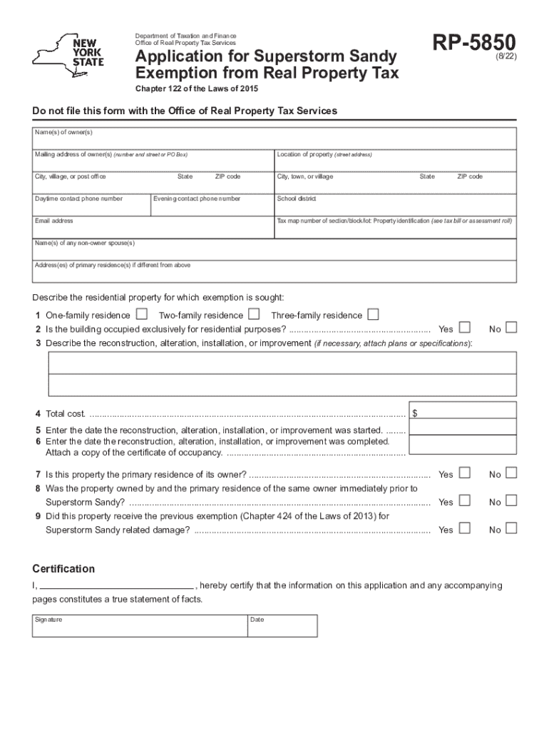 Fillable Online Form RP-5850 Application for Superstorm Sandy Exemption from Real Property Tax ...