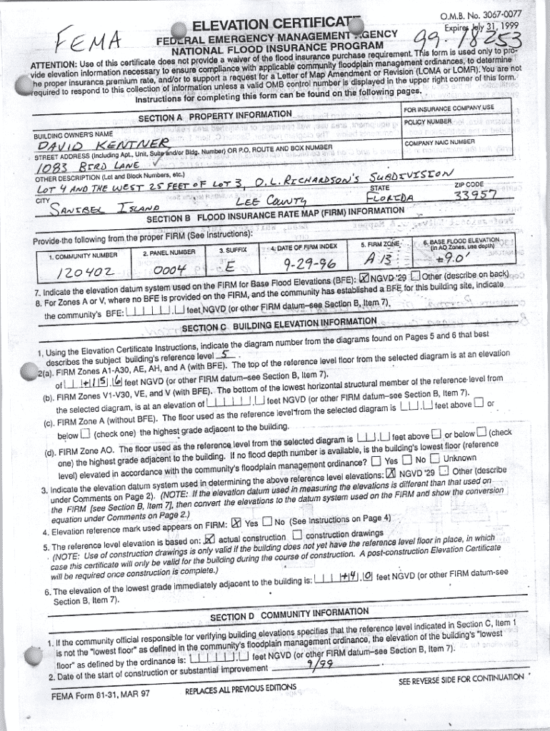 Fillable Online Certificate of Elevation for Flood Insurance Fax Email ...
