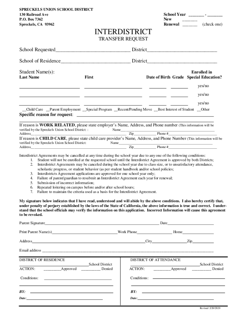 Fillable Online Spreckels Union School District Interdistrict Transfer Request Form Fax Email ...